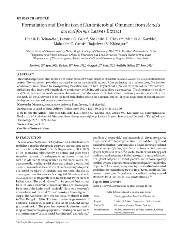 Pdf Formulation And Evaluation Of Antimicrobial Ointment From Acacia Auriculiformis Leaves Extract