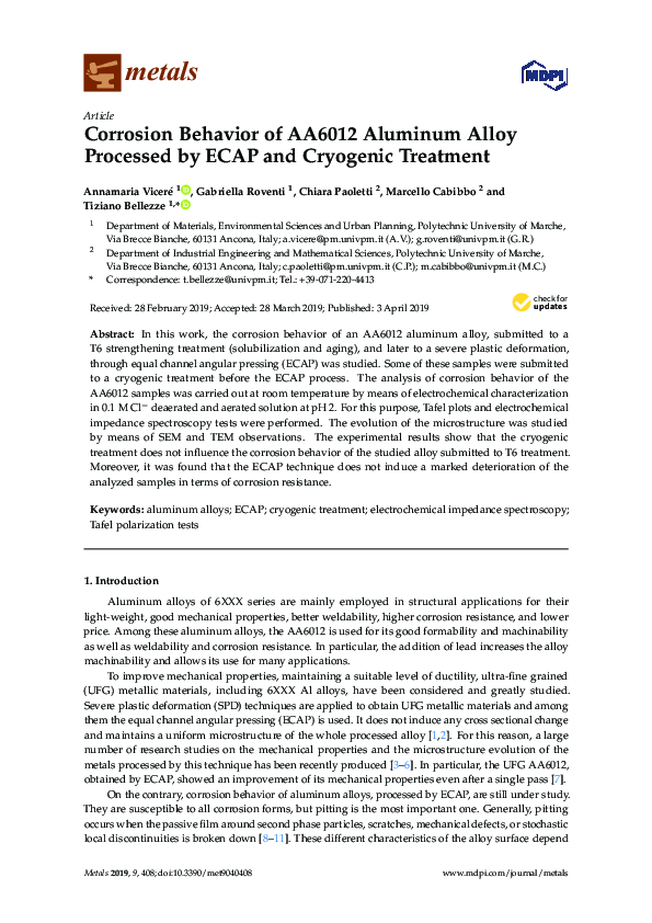(PDF) Corrosion Behavior of AA6012 Aluminum Alloy Processed by ECAP and Cryogenic Treatment