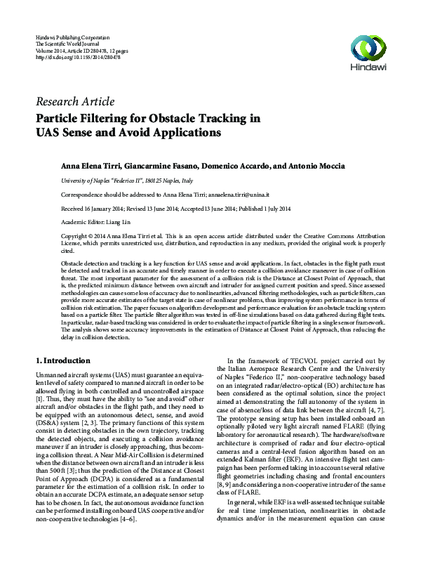 (PDF) Particle Filtering for Obstacle Tracking in UAS