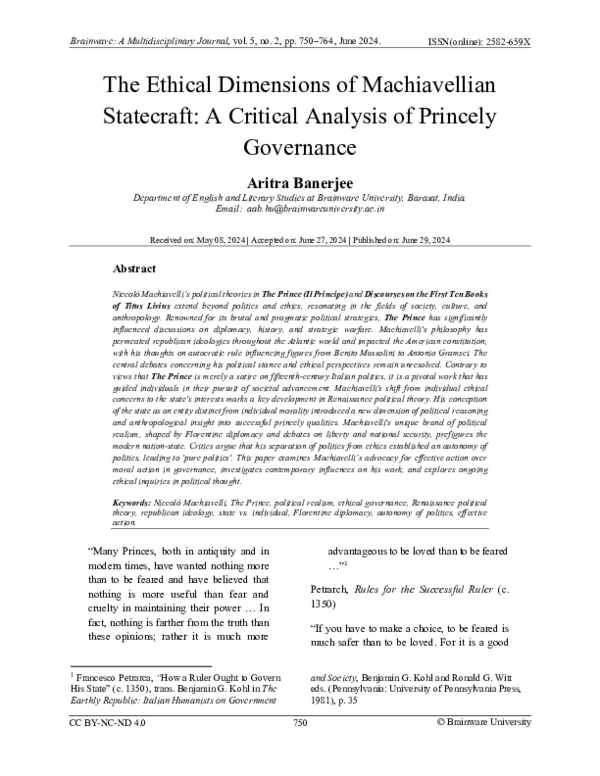 (PDF) The Ethical Dimensions of Machiavellian Statecraft Aritra Banerjee
