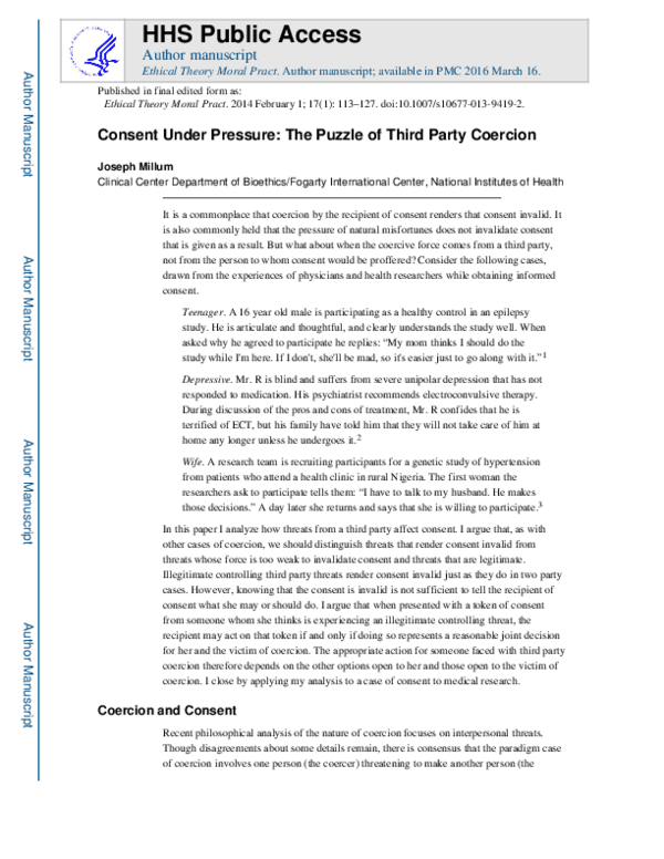 (PDF) Consent Under Pressure: The Puzzle of Third Party Coercion