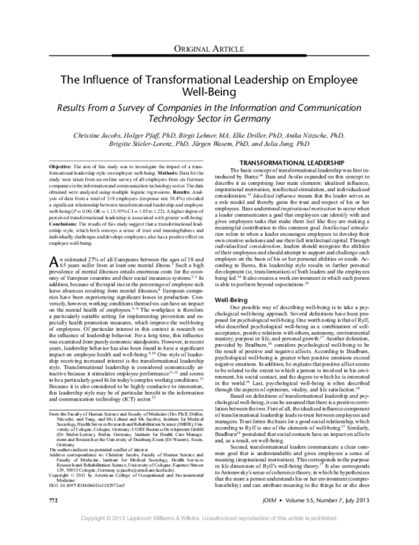 (PDF) The Influence of Transformational Leadership on Employee Well-Being