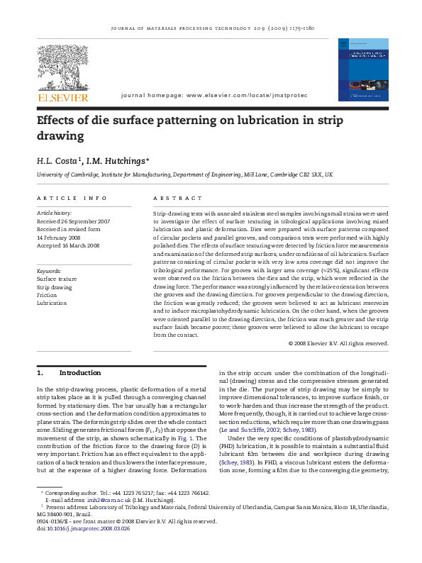 (PDF) Effects of die surface patterning on lubrication in strip drawing