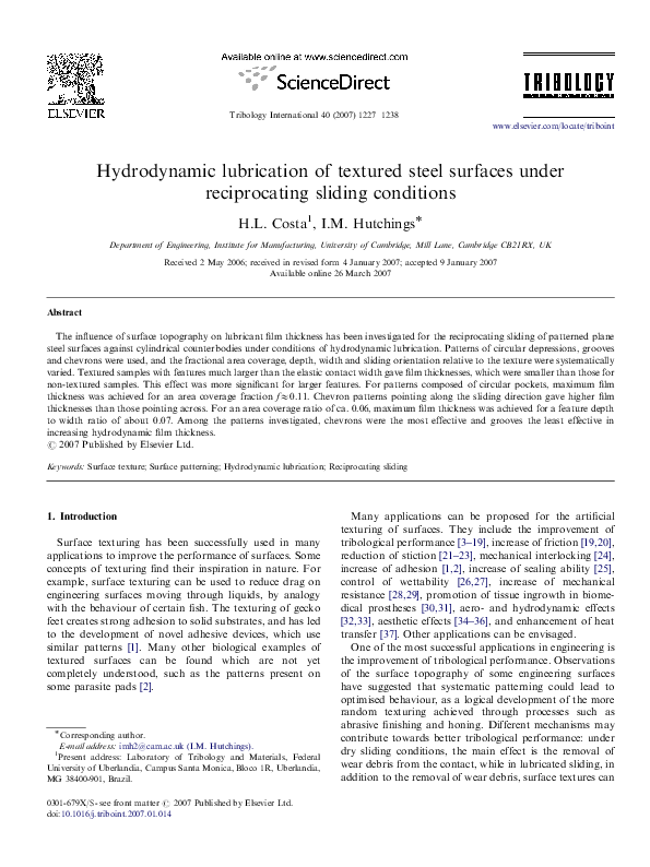 (PDF) Hydrodynamic lubrication of textured steel surfaces under ...