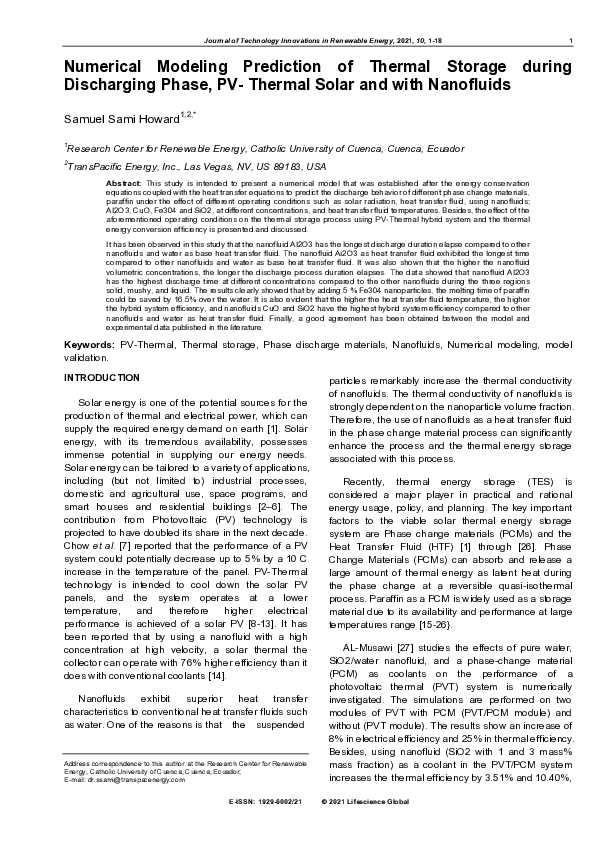 (PDF) Numerical Modeling Prediction of Thermal Storage during Discharging Phase, PV-Thermal ...