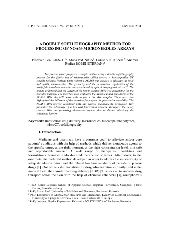 (PDF) A Double Softlithography Method for Processing of NOA63 Microneedles Arrays
