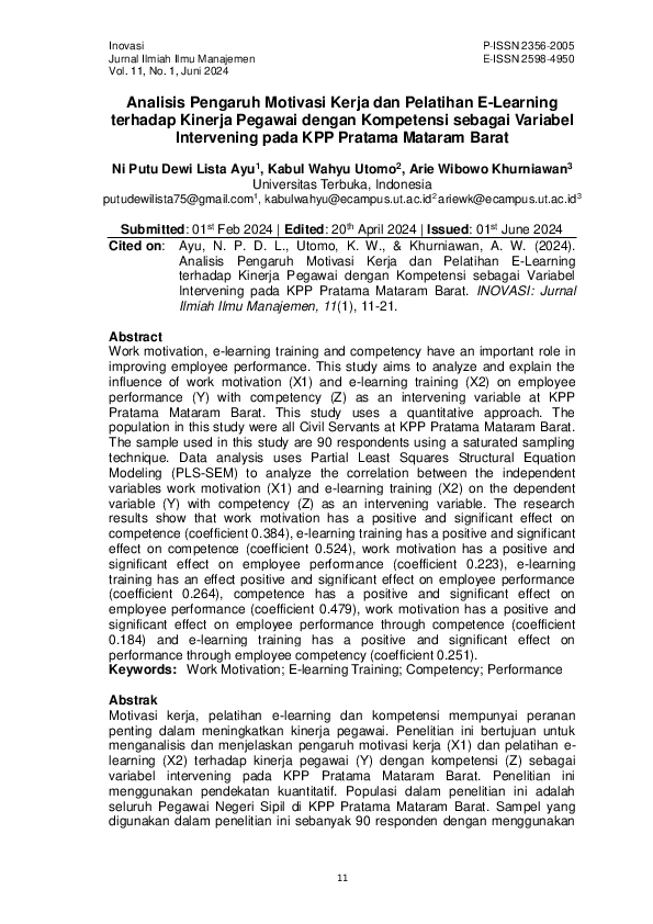 (PDF) Analisis Pengaruh Motivasi Kerja dan Pelatihan E-Learning terhadap Kinerja Pegawai dengan ...