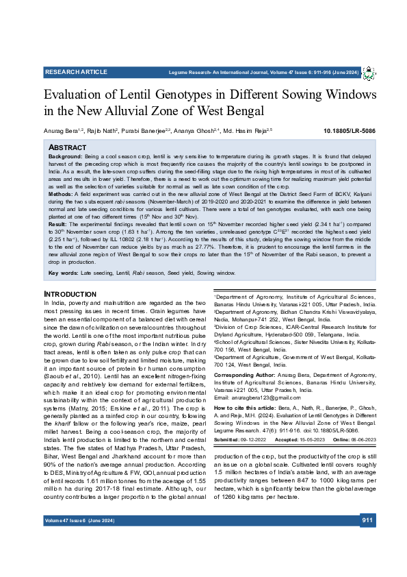 (PDF) Evaluation of Lentil Genotypes in Different Sowing Windows in the ...