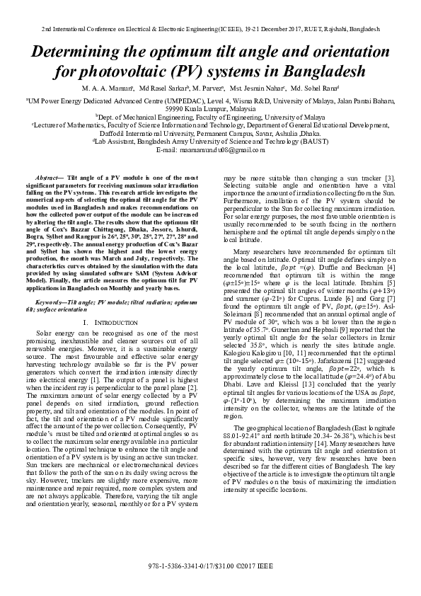 (PDF) Determining the optimum tilt angle and orientation for photovoltaic (PV) systems in Bangladesh