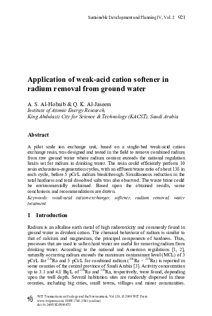 (PDF) Application of weak-acid cation softener in radium removal from ...