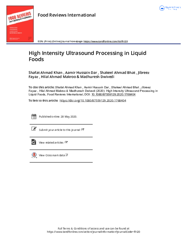 (PDF) High Intensity Ultrasound Processing in Liquid Foods
