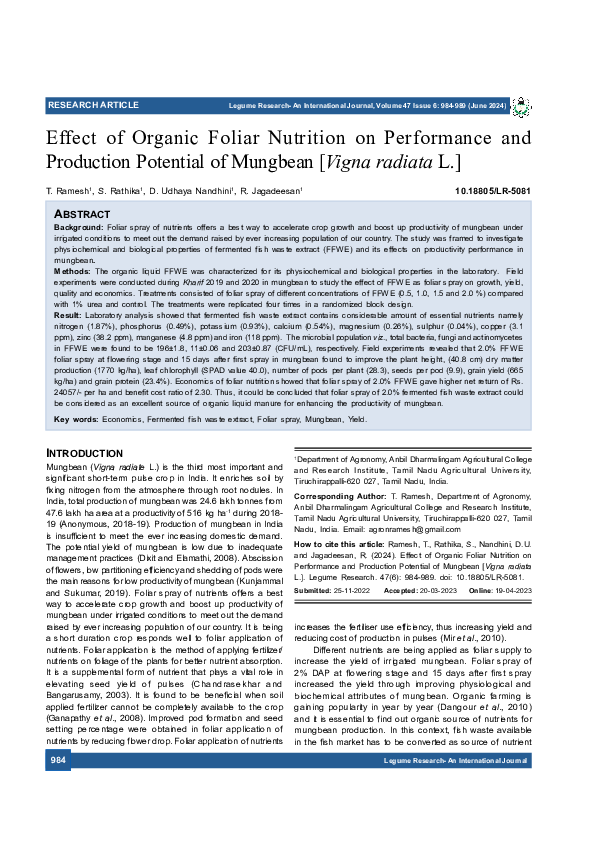 (PDF) Effect of Organic Foliar Nutrition on Performance and Production ...