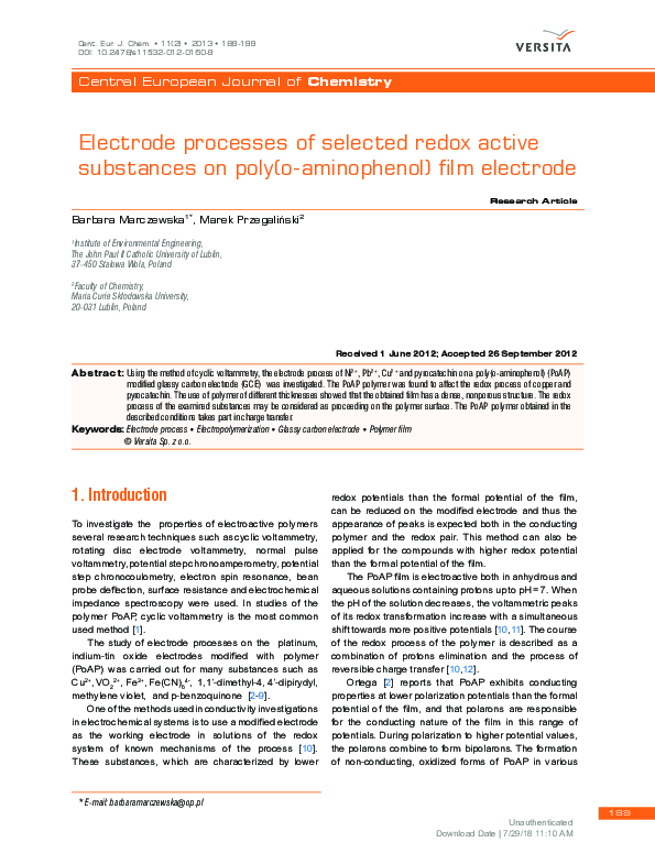 (PDF) Electrode processes of selected redox active substances on poly(o ...
