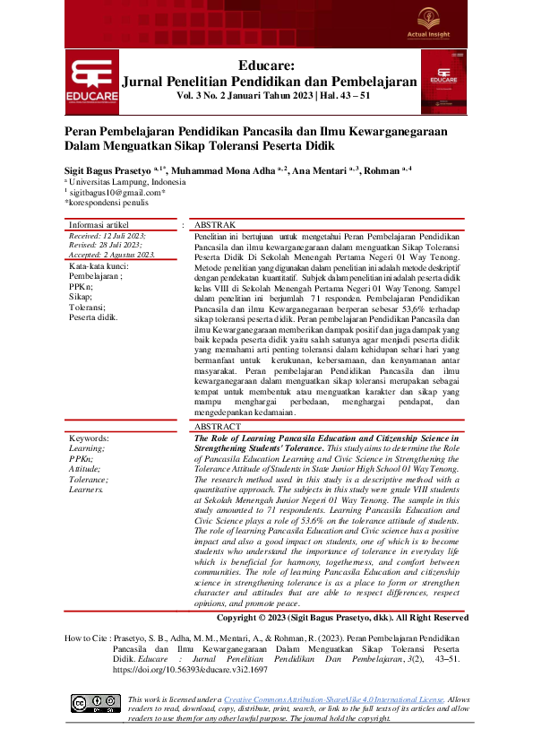(PDF) Peran Pembelajaran Pendidikan Pancasila dan Ilmu Kewarganegaraan Dalam Menguatkan Sikap ...