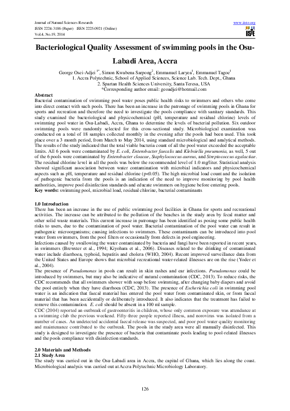(PDF) Bacteriological Quality Assessment of swimming pools in the Osu ...