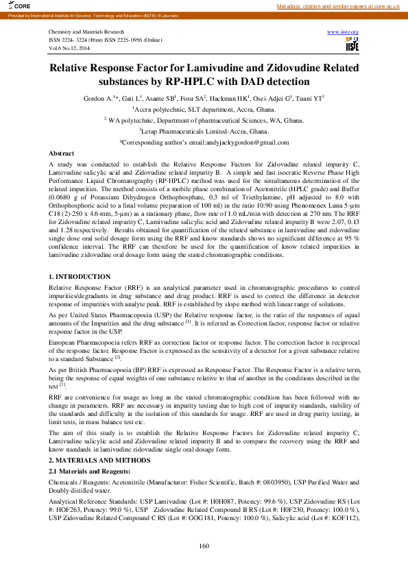 (PDF) Relative Response Factor for Lamivudine and Zidovudine Related ...