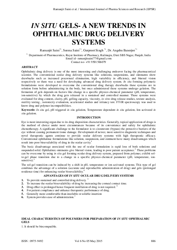 (PDF) In Situ Gels-A New Trends in Ophthalmic Drug Delivery Systems