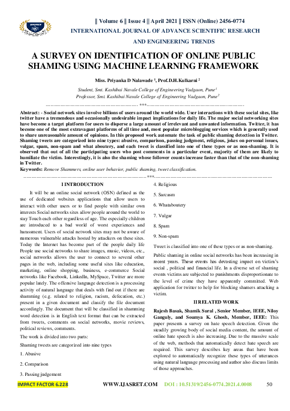 (PDF) A Survey on Identification of Online Public Shaming Using Machine Learning Framework