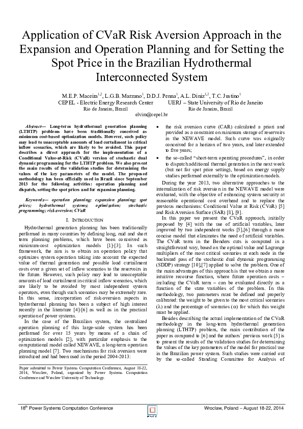 (PDF) Application of CVaR risk aversion approach in the expansion and operation planning and for ...
