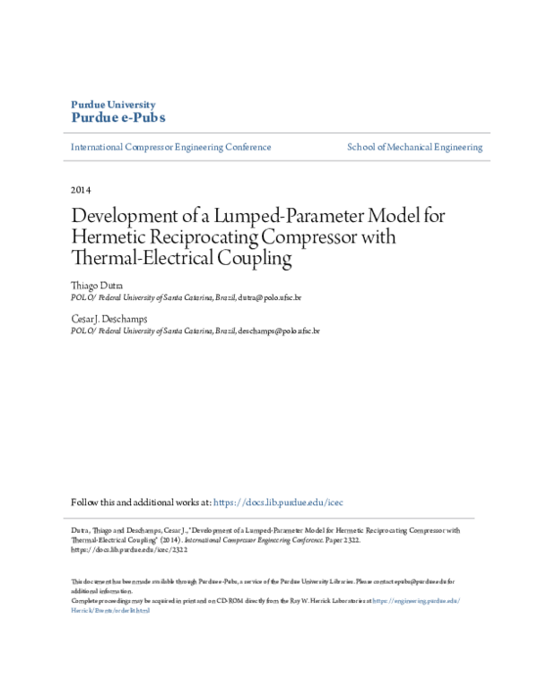 (PDF) Development of a Lumped-Parameter Model for Hermetic Reciprocating Compressor with Thermal ...