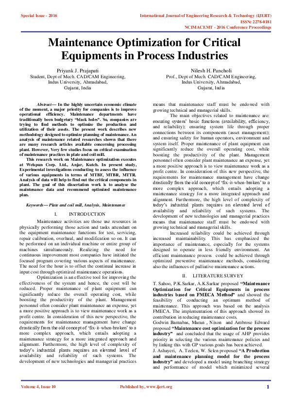 (PDF) Maintenance Optimization for Critical Equipments in Process Industries