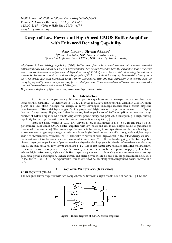 (PDF) Design of Low Power and High Speed CMOS Buffer Amplifier with Enhanced Deriving Capability