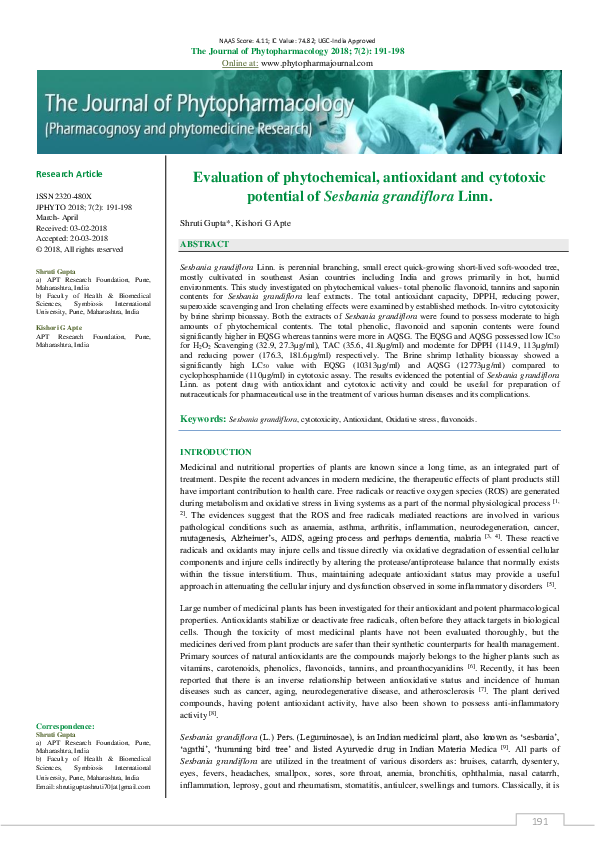 Pdf Evaluation Of Phytochemical Antioxidant And Cytotoxic Potential