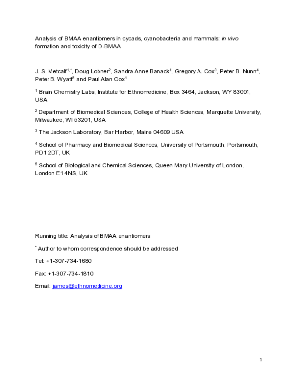 (PDF) Analysis of BMAA enantiomers in cycads, cyanobacteria, and ...