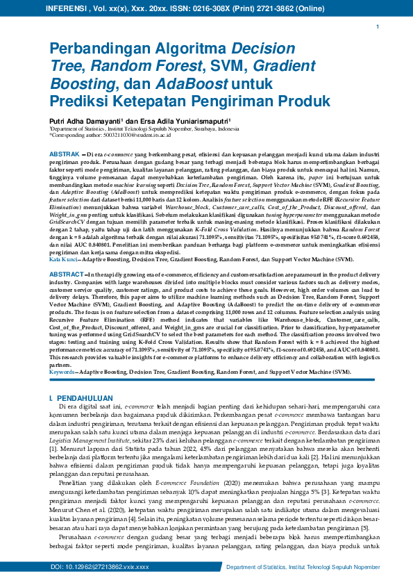 Pdf Perbandingan Algoritma Decision Tree Random Forest Svm Gradient Boosting Dan Adaboost