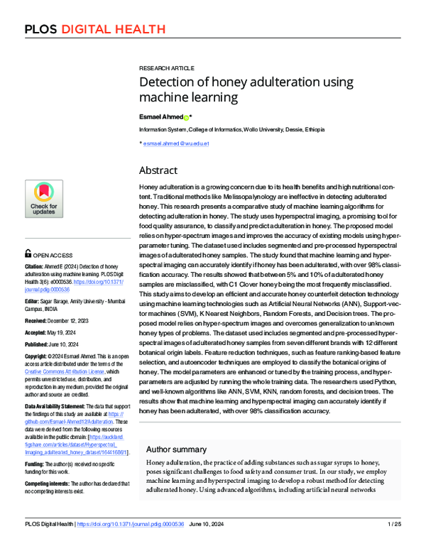Pdf Detection Of Honey Adulteration Using Machine Learning