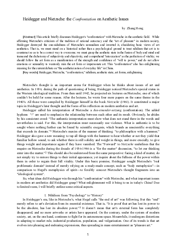 (PDF) Heidegger and Nietzsche: the Confrontation on Aesthetic Issues