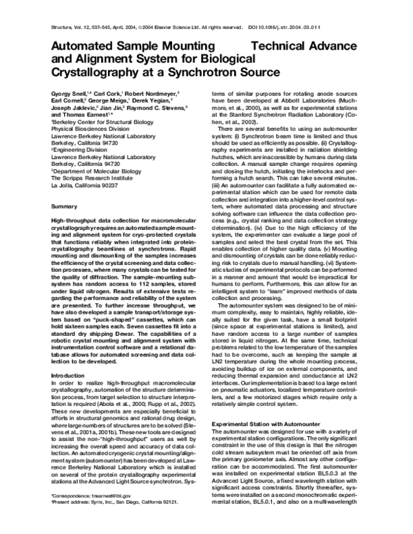 (PDF) Automated Sample Mounting and Alignment System for Biological ...
