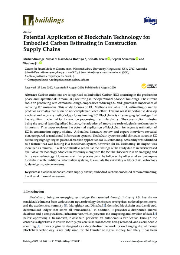 (PDF) Potential Application of Blockchain Technology to Transform the Construction Industry