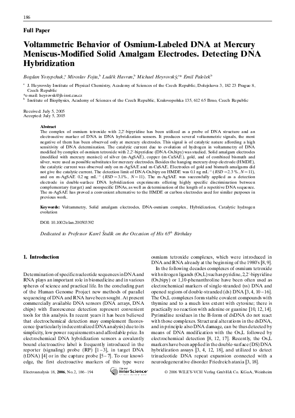 Pdf Voltammetric Behavior Of Osmium Labeled Dna At Mercury Meniscus