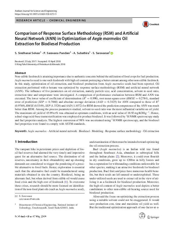 (PDF) Comparison of Response Surface Methodology (RSM) and Artificial Neural Network (ANN) in ...