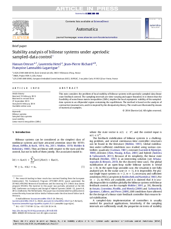 (PDF) Stability analysis of bilinear systems under aperiodic sampled-data control