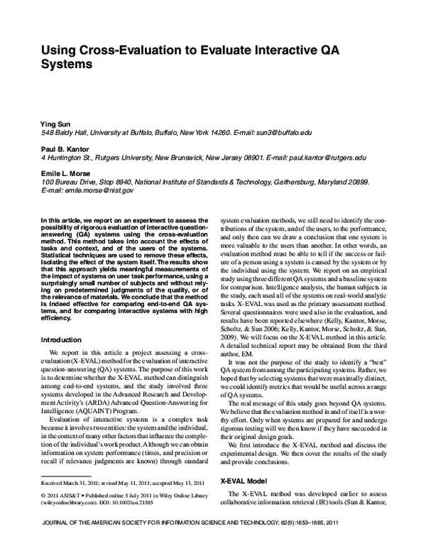 (PDF) Using cross-evaluation to evaluate interactive QA systems