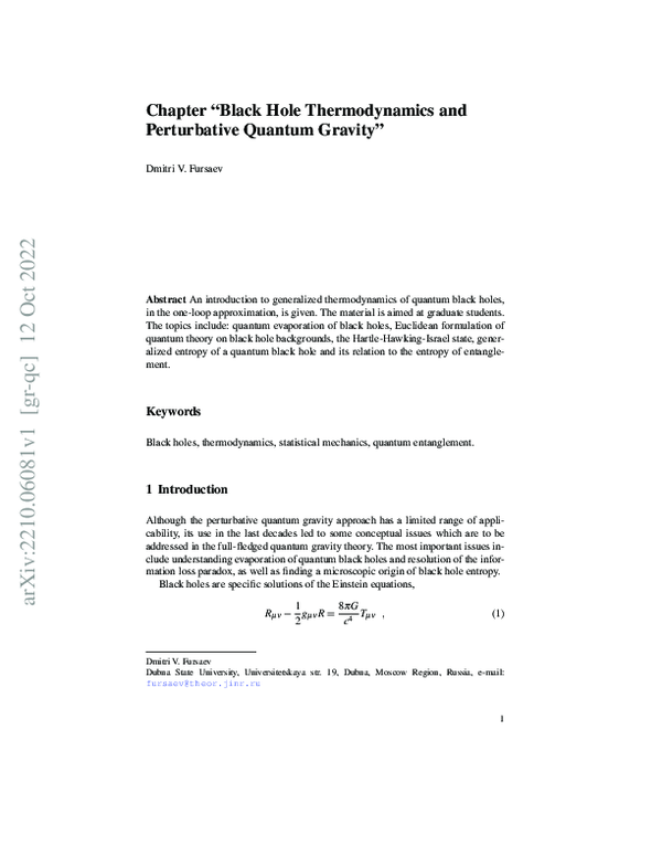 (PDF) Black Hole Thermodynamics and Perturbative Quantum Gravity
