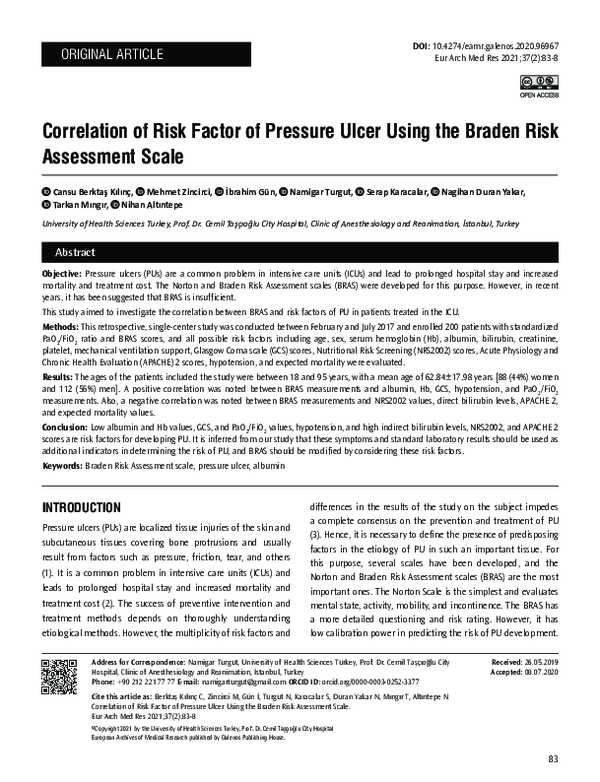 (PDF) Correlation of Risk Factor of Pressure Ulcer Using the Braden ...