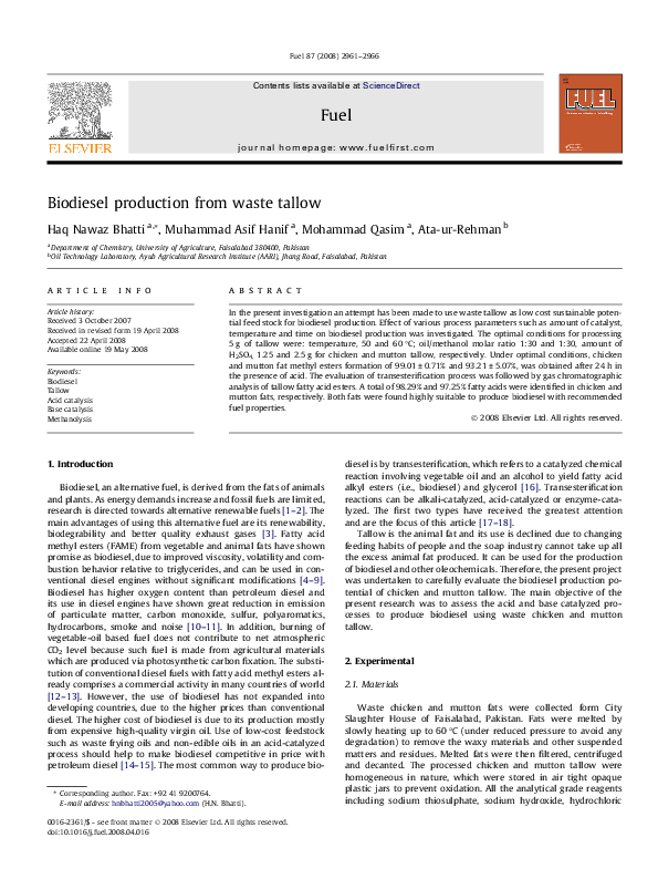 (PDF) Biodiesel production from waste tallow
