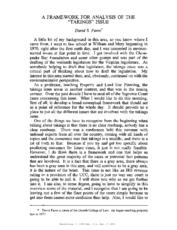 (PDF) A Framework for Analysis of the Takings Issue