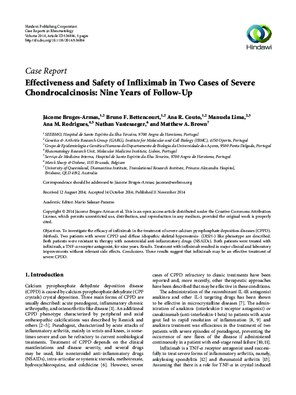 (PDF) Effectiveness and safety of infliximab in two cases of severe chondrocalcinosis: nine ...