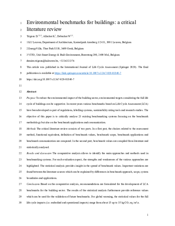 (PDF) Environmental benchmarks for buildings: a critical literature review