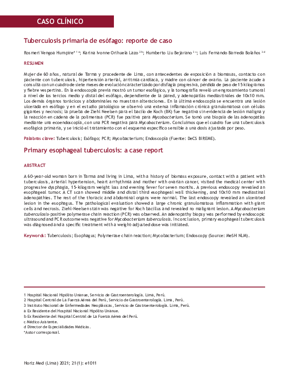 (PDF) Tuberculosis primaria de esófago: reporte de caso | Karina ...