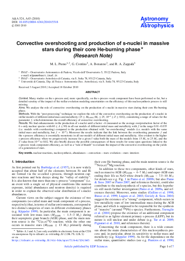 (PDF) Convective overshooting and production of s-nuclei in massive ...