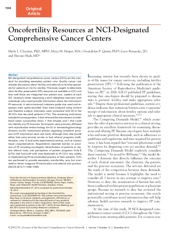 (PDF) Oncofertility Resources at NCI-Designated Comprehensive Cancer ...