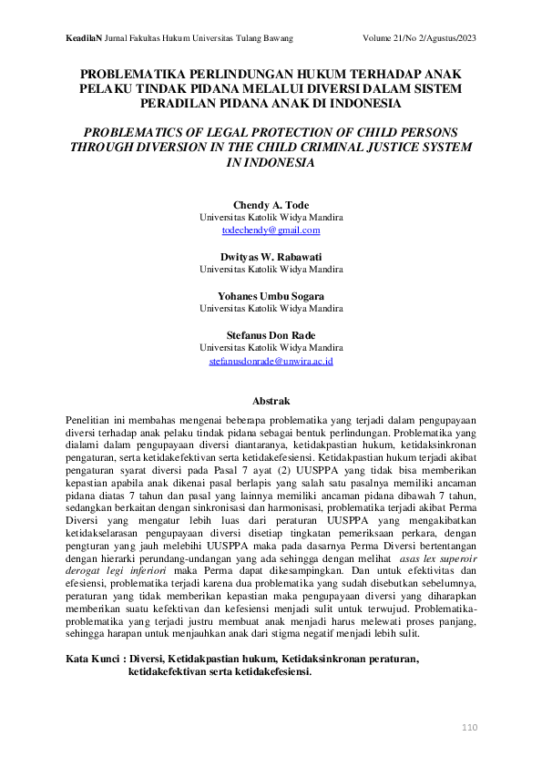 (PDF) Problematika Perlindungan Hukum Terhadap Anak Pelaku Tindak Pidana Melalui Diversi Dalam ...