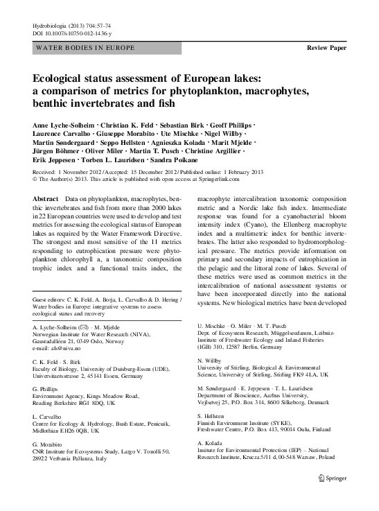 (PDF) Ecological status assessment of European lakes: a comparison of ...