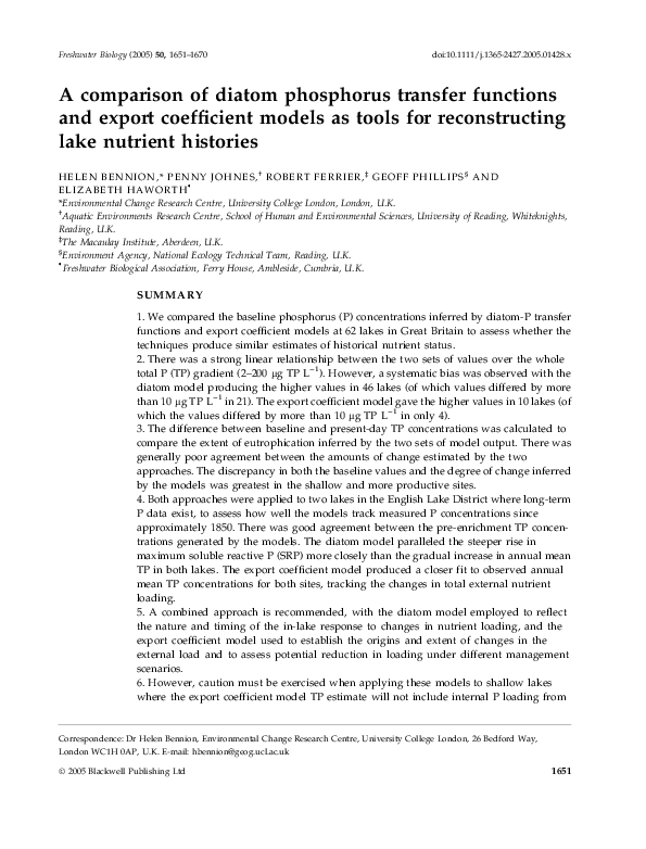 (PDF) A comparison of diatom phosphorus transfer functions and export ...