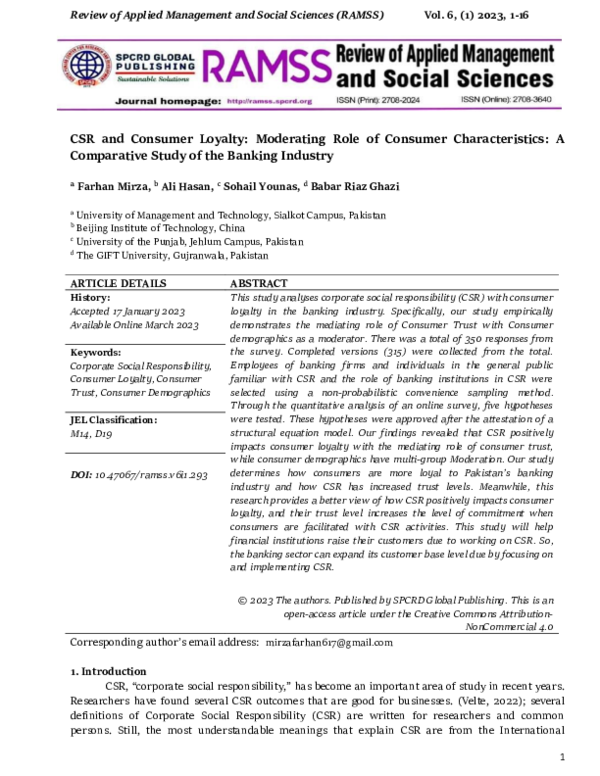 (PDF) CSR and Consumer Loyalty: Moderating Role of Consumer ...